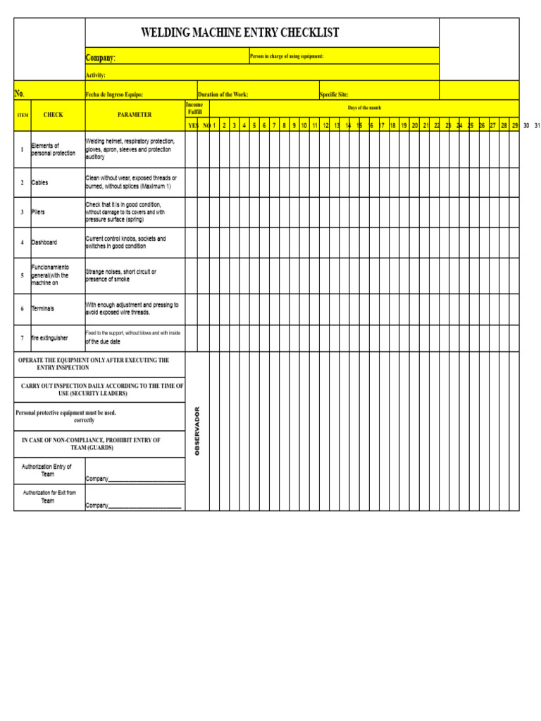 Check List For Welding Machine Incoming | PDF | Personal Protective ...
