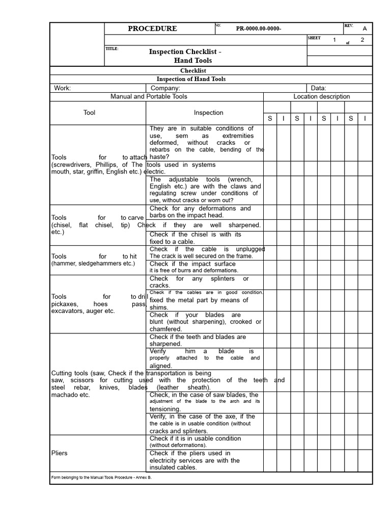 Hand Tools Inspection Checklist | PDF | Tools | Metalworking
