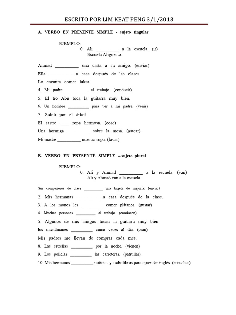 Ejercicios de Verbo en Presente Simple | PDF | Verbo