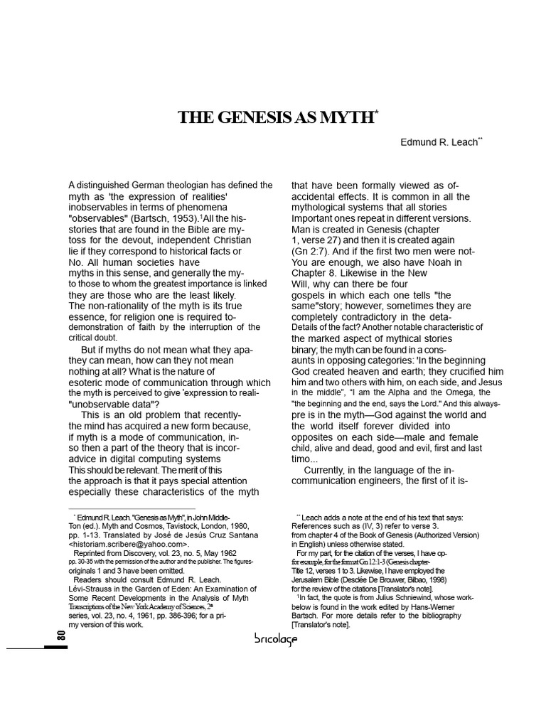 The Genesis As Myth Edmund R. Leach | PDF | Book Of Genesis | Eve