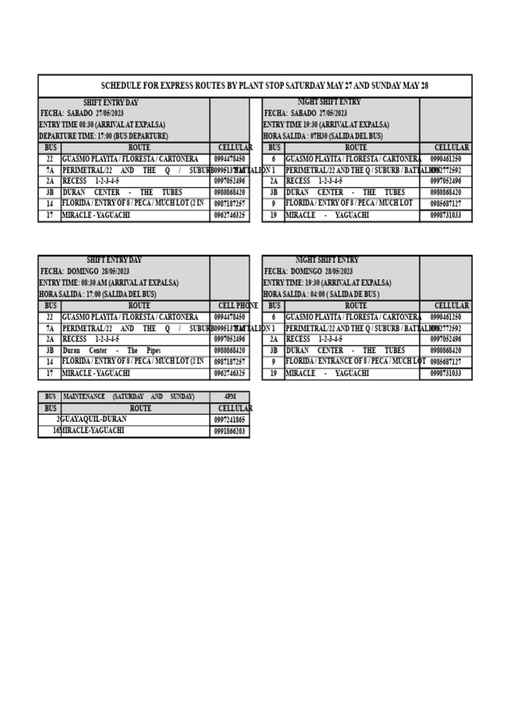 Express Expalsa Schedule Plant Stop May 27 and 28 | PDF | Bus | Motor ...