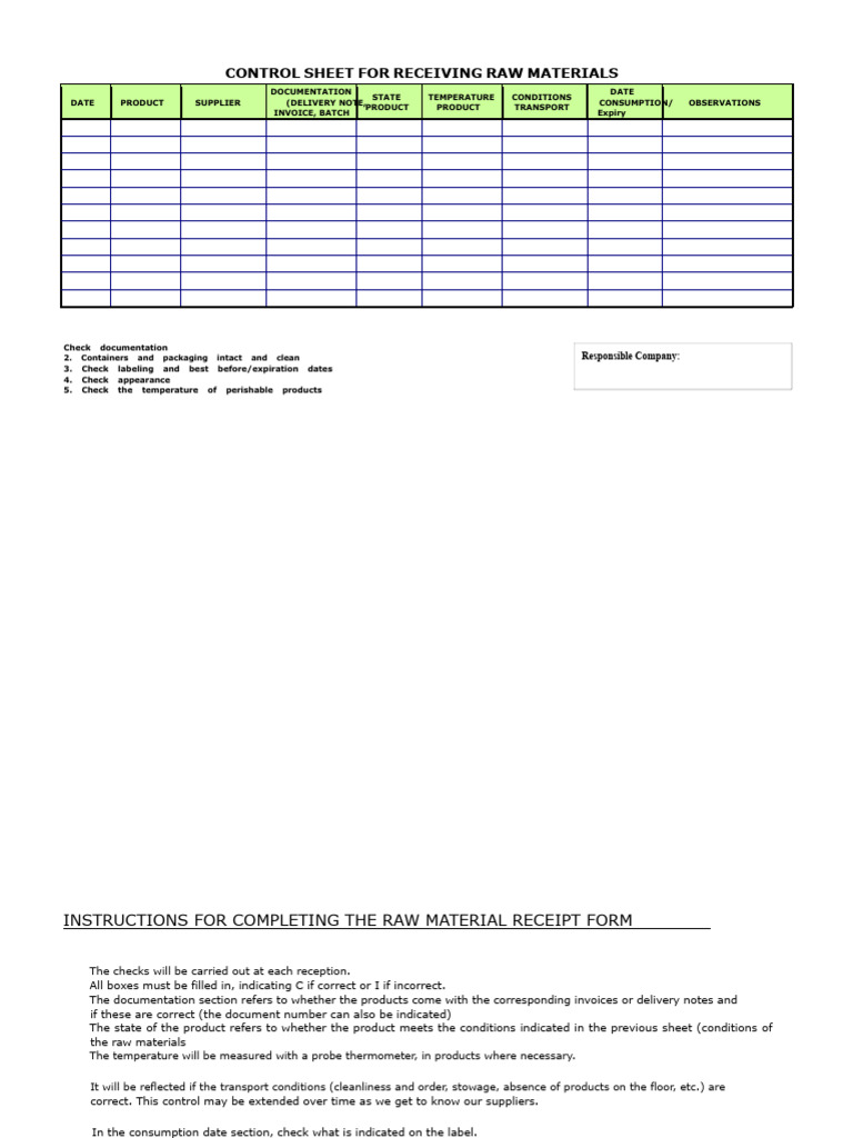 Raw Materials Reception Control Sheet | PDF | Temperature