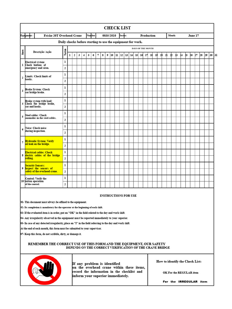 Overhead Crane Checklist | PDF