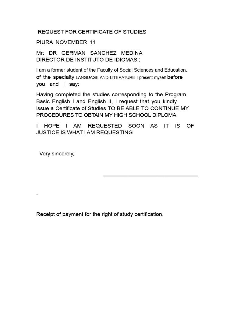 Request for English Studies Certificate | PDF