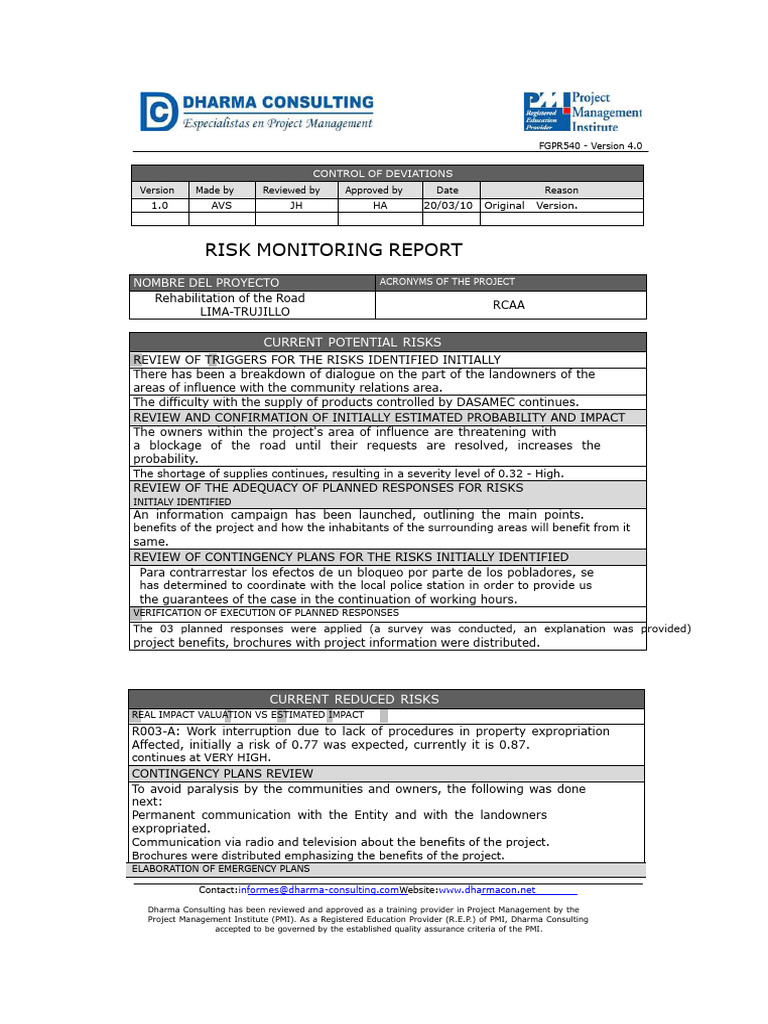 Risk Monitoring Report | PDF | Project Management