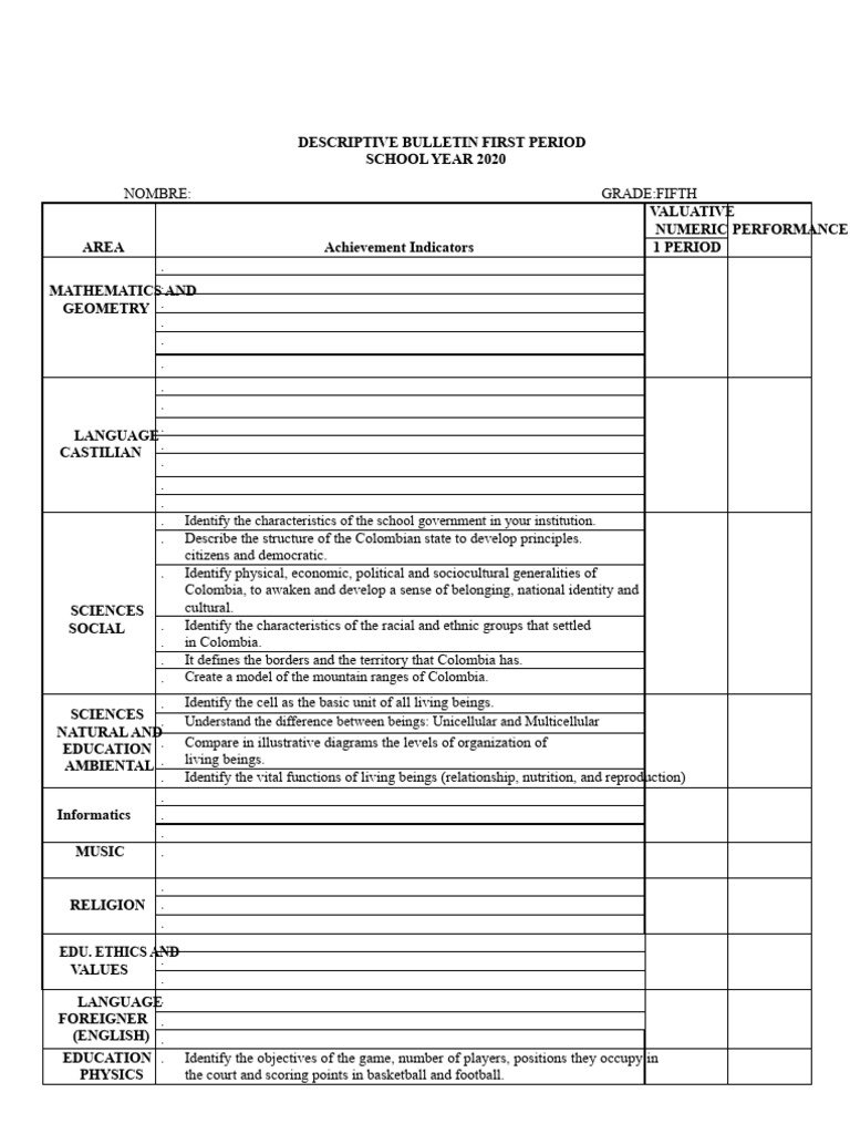 Descriptive Bulletin First Period Grade 5-2020 | PDF