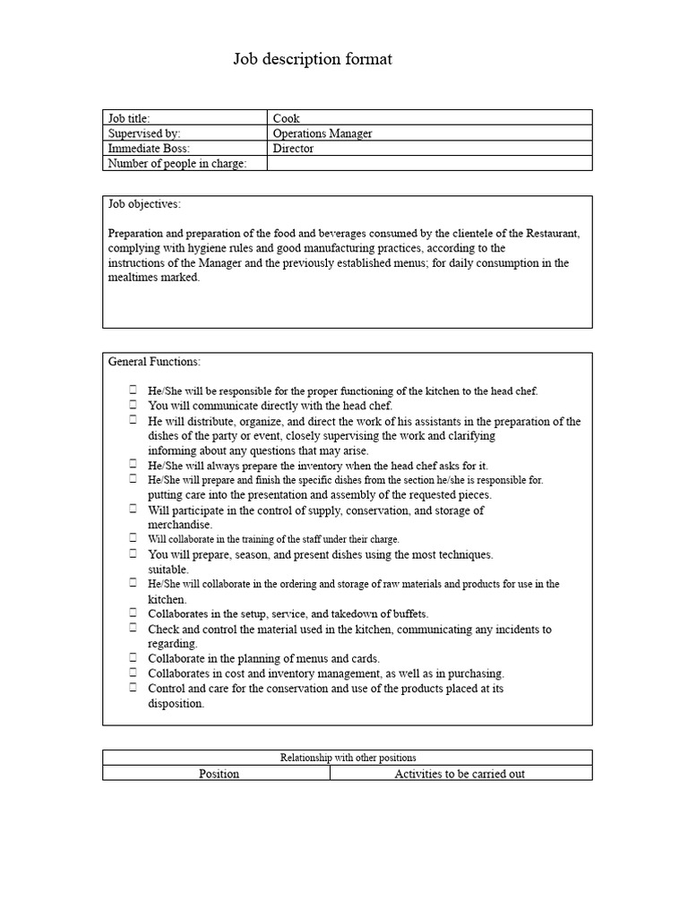 Restaurant Cook Job Description Template | PDF | Chef | Menu