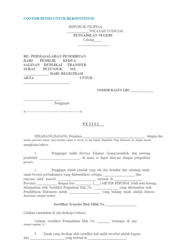Contoh Petisi Untuk Penerbitan TCT Ke-2 | PDF