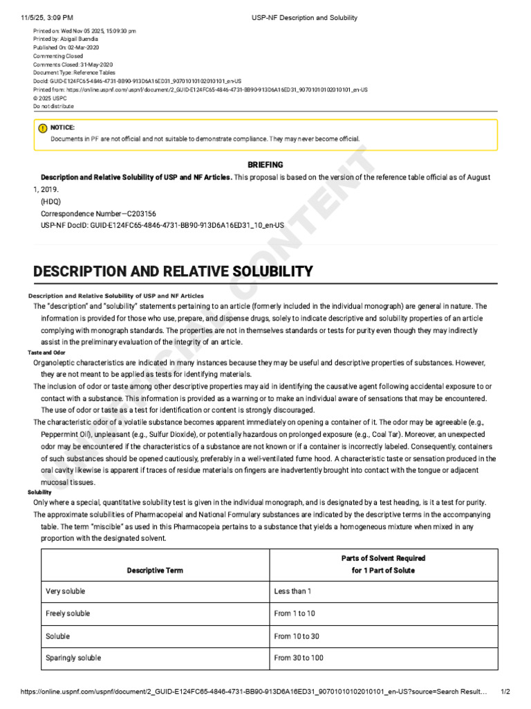 USP Solubility Reference Table | PDF | Solubility | Odor