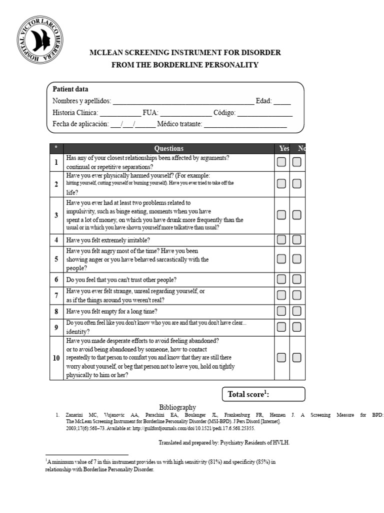 McLean Scale Translated | PDF | Borderline Personality Disorder ...