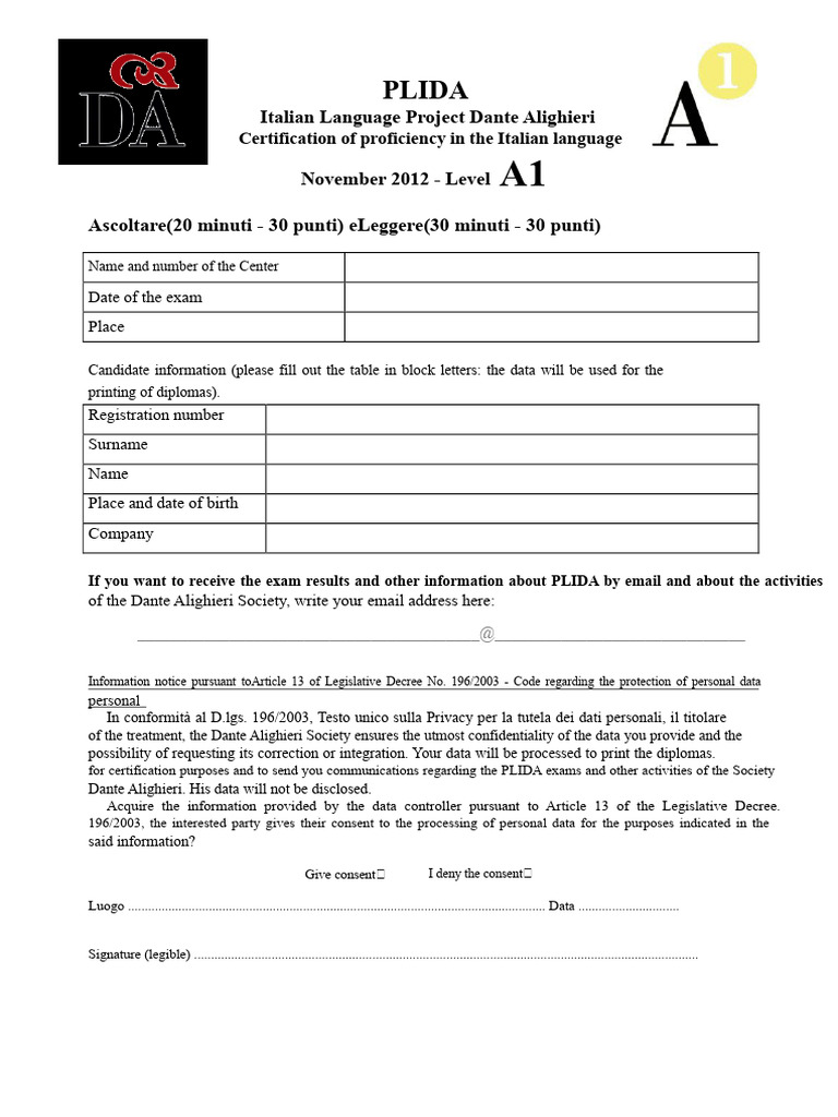PLIDA A1 Exam Instructions | PDF