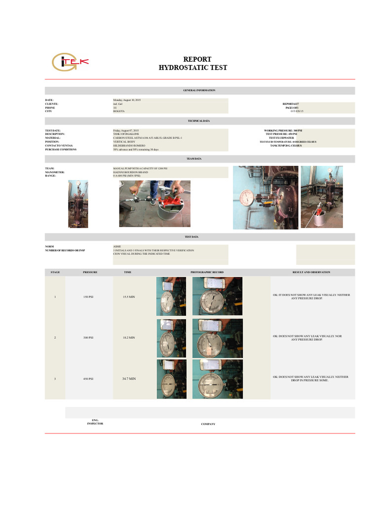 Hydrostatic Test Model Report | PDF | Leak | Pressure