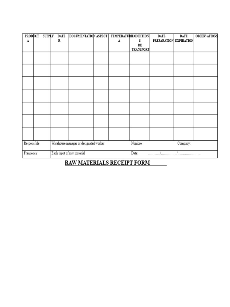 Raw Materials Receipt Form | PDF