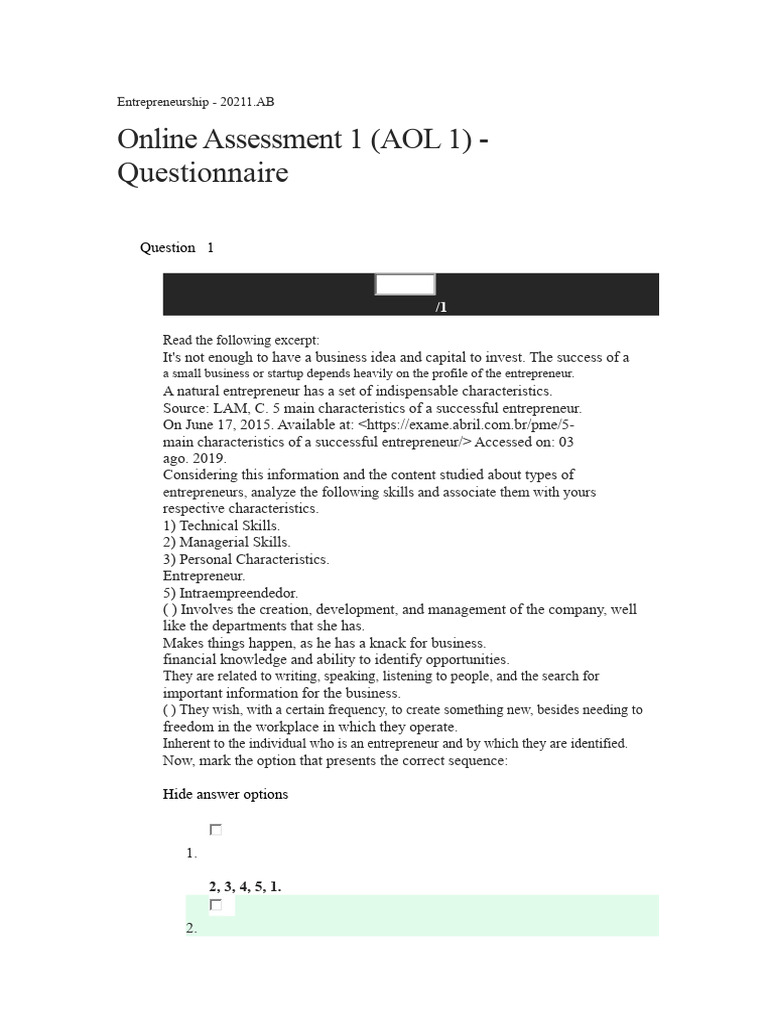 Entrepreneurship Online Assessment 1 (AOL 1) - Questionnaire | PDF ...