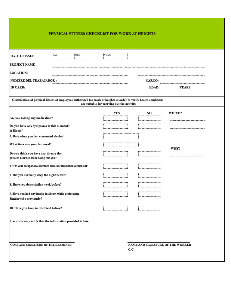 Work at Heights Fitness Checklist | PDF