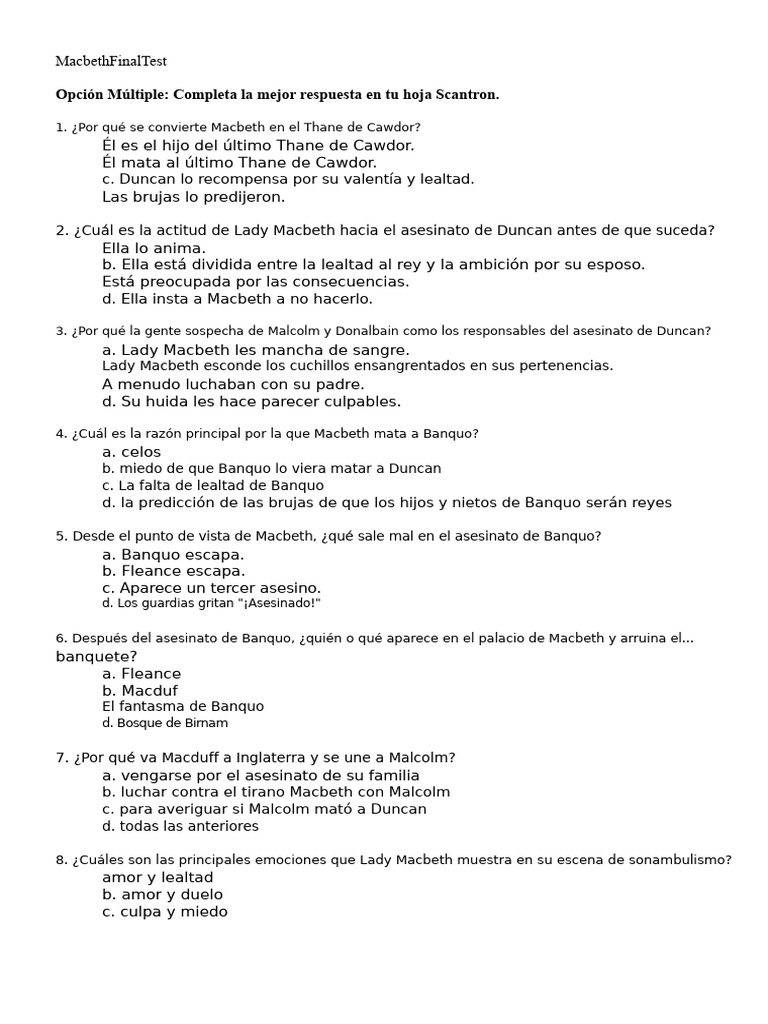Macbeth Examen Final | PDF | Macbeth | Tragedias de Shakespeare