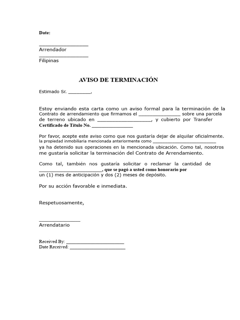 Notificación De Terminación Contrato De Arrendamiento Pdf