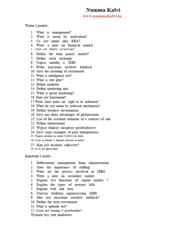 Namma Kalvi 12th Commerce Important Questions em 215823 | PDF