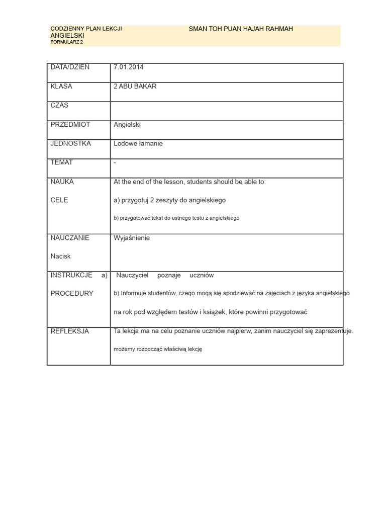 Codzienny Plan Lekcji Form 2 Bi - Kopia | PDF