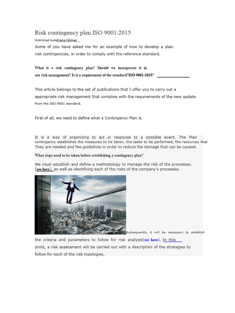 ISO 9001 Risk Contingency Plan Guide | PDF | Risk | Risk Management
