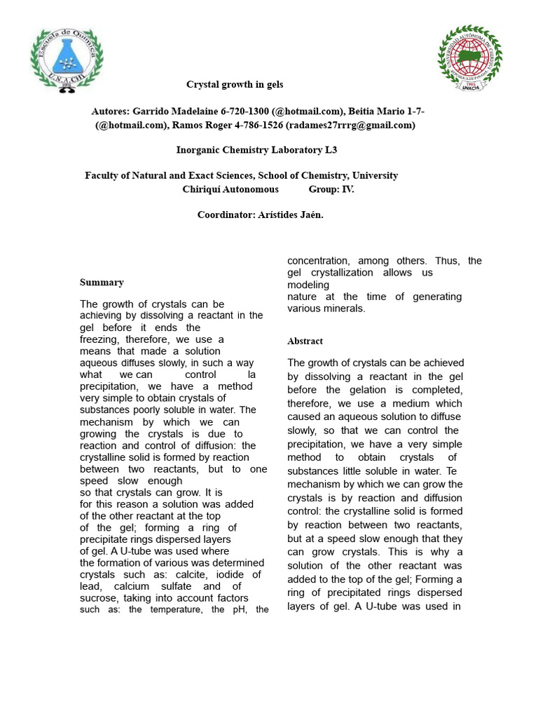 Crystal Growth in Gels | PDF | Precipitation (Chemistry) | Crystal