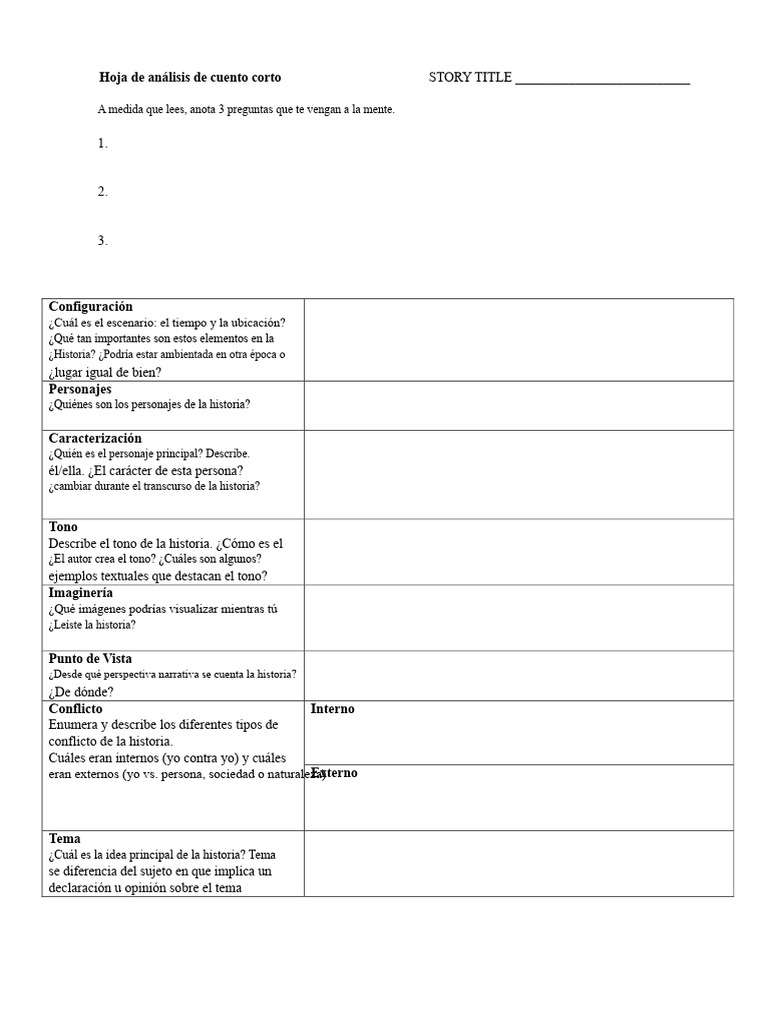 Hoja de Análisis de Cuento Corto | PDF