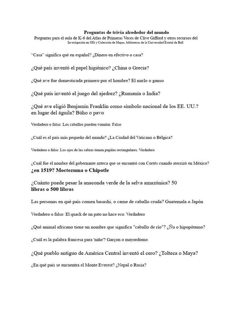 Preguntas de Trivia Sobre El Mundo | PDF | Américas | América del Sur