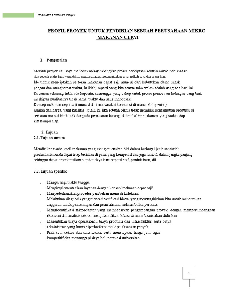 Profil Proyek Untuk Pembuatan Sebuah Usaha Kuliner Cepat Saji | PDF