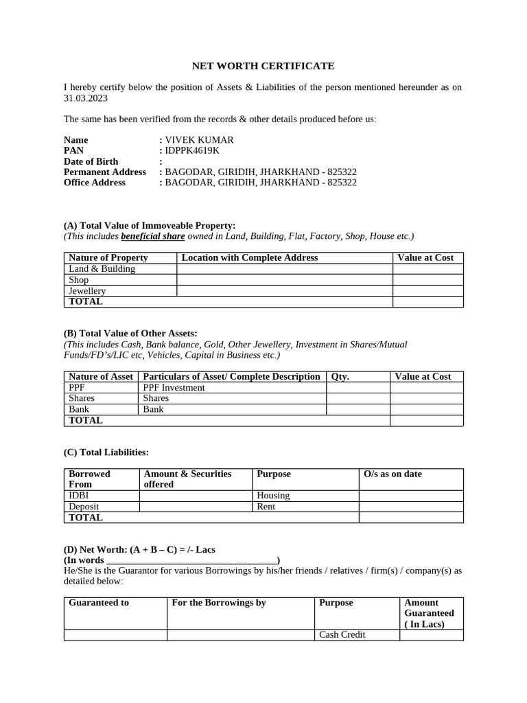 Net Worth Certificate | PDF