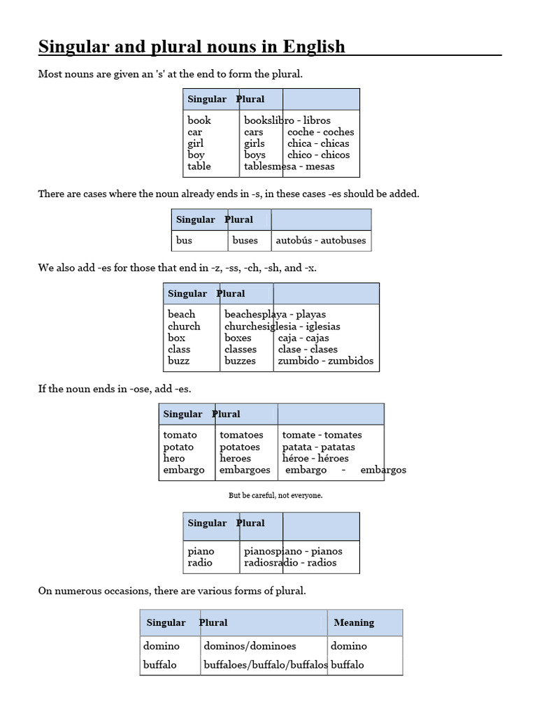Singular and Plural Nouns in English | PDF | Plural | Grammatical Gender