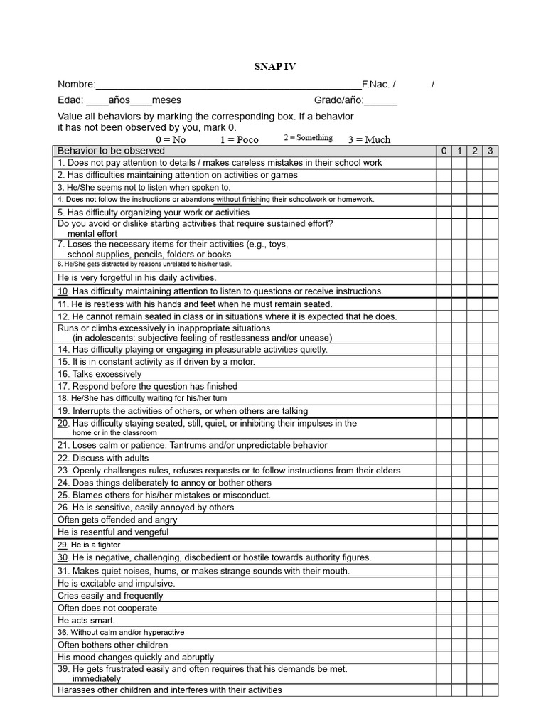 Snap Iv | PDF | Attention Deficit Hyperactivity Disorder | Impulsivity
