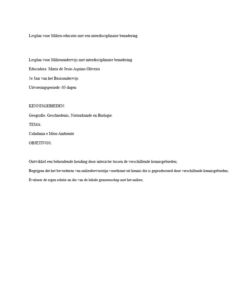 Lesplan Voor Milieu-Educatie Met Een Interdisciplinaire Benadering | PDF