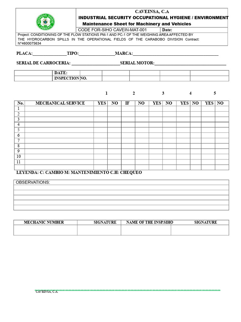 Mechanical Maintenance Sheet 001 | PDF