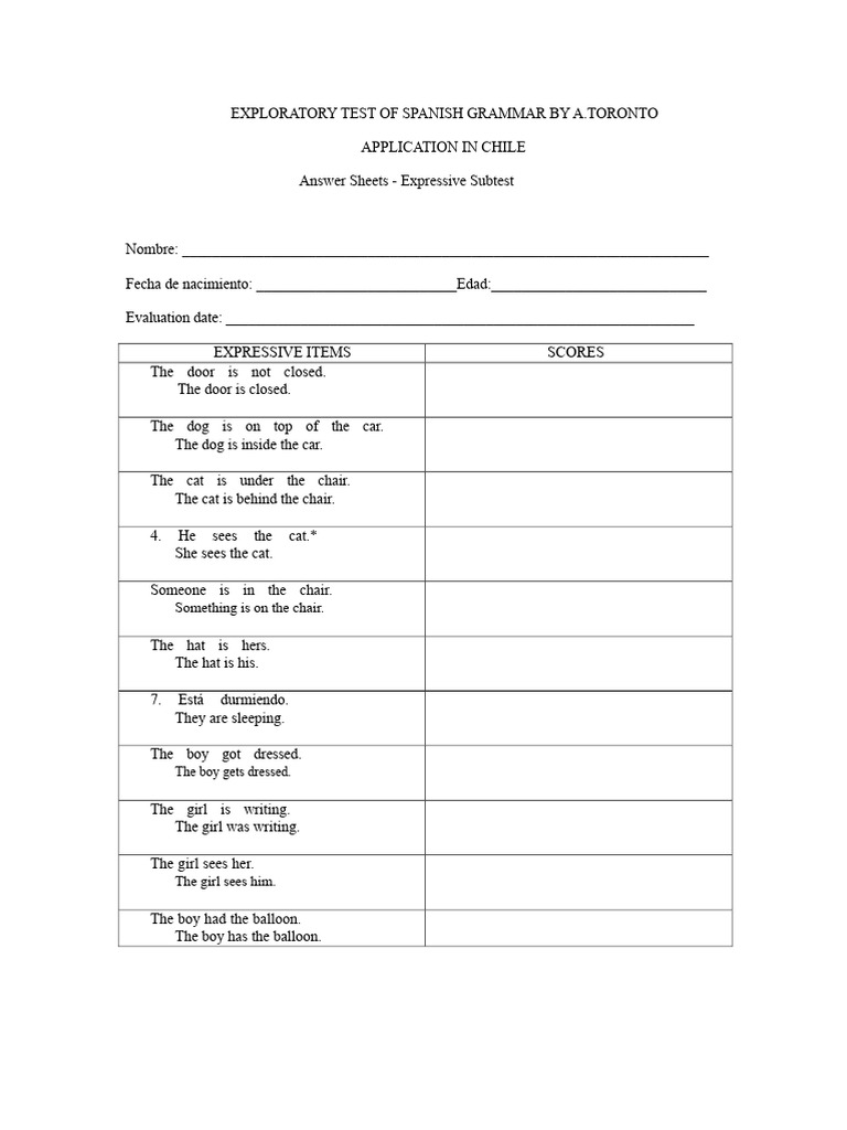 Exploratory Test of Spanish Grammar by A. Toronto .... Expressive | PDF