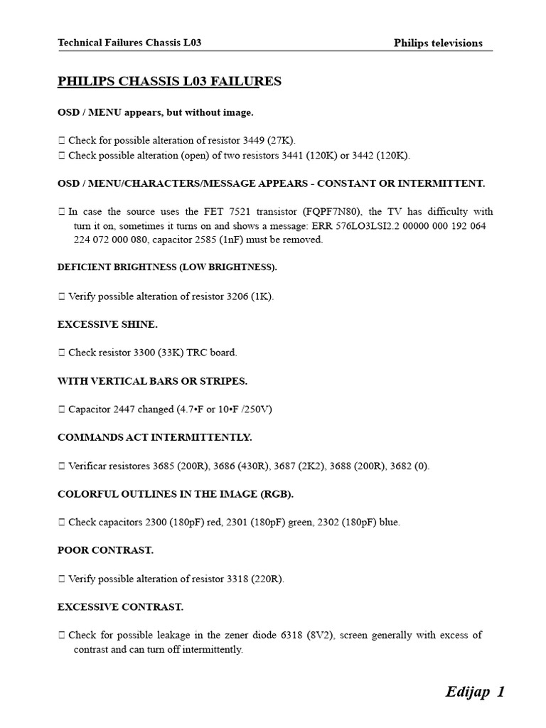 Philips Chassis L03 Technical Failures Guide | PDF | Diode | Resistor