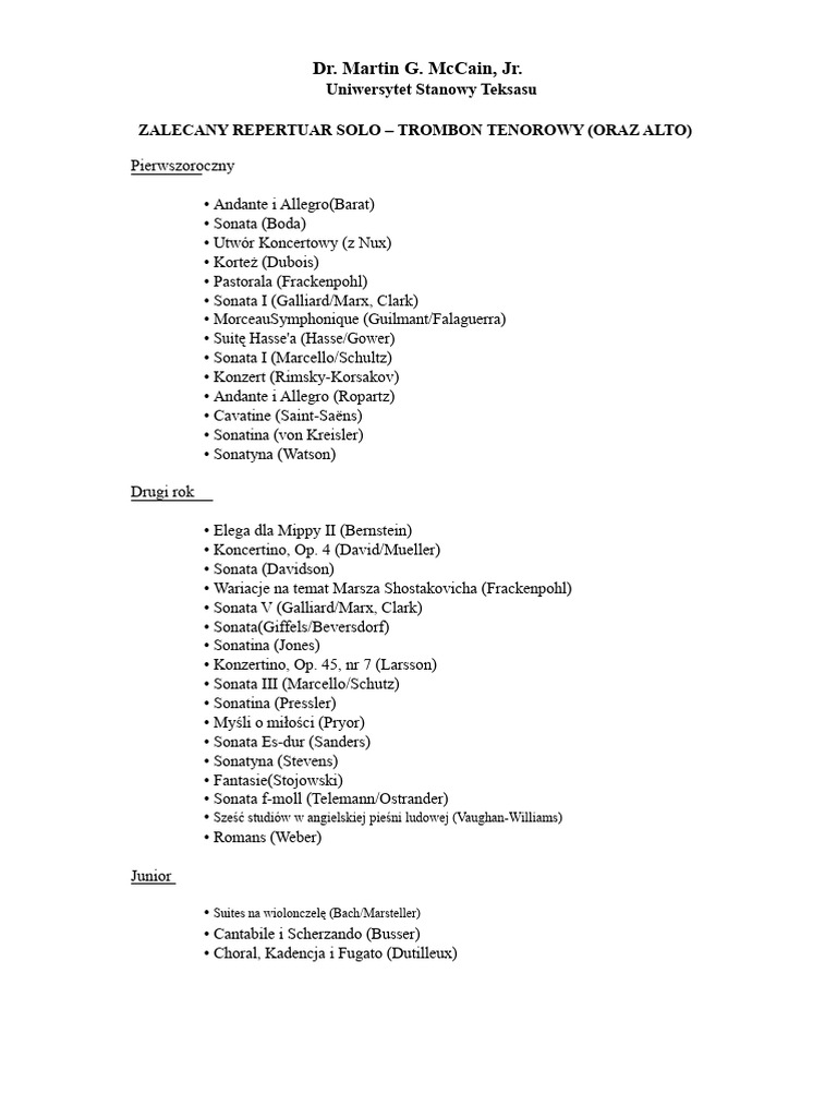 Collegiate Trombone Solo Repertoire List PDF | PDF