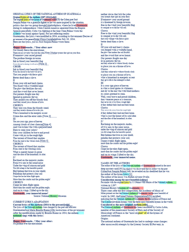 Original Lyrics of The National Anthem of Guatemala | PDF | Patriotic ...