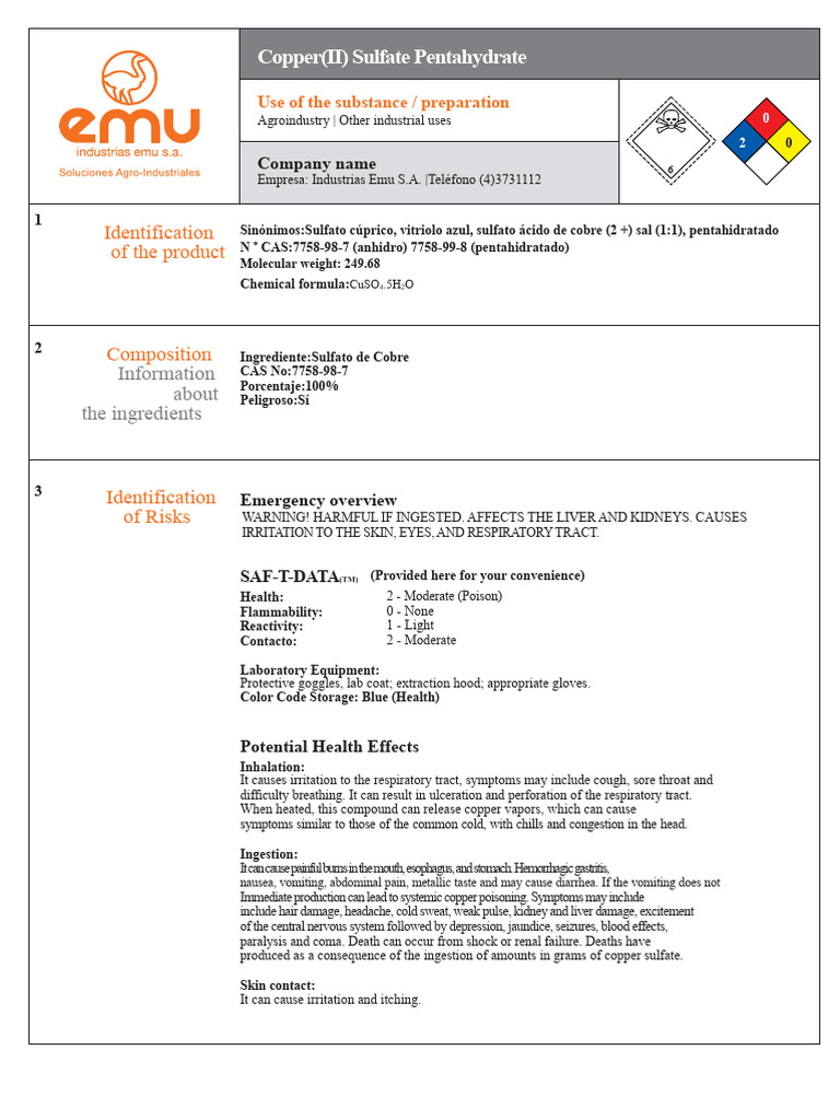 Copper(II) Sulfate Pentahydrate Safety Data | PDF