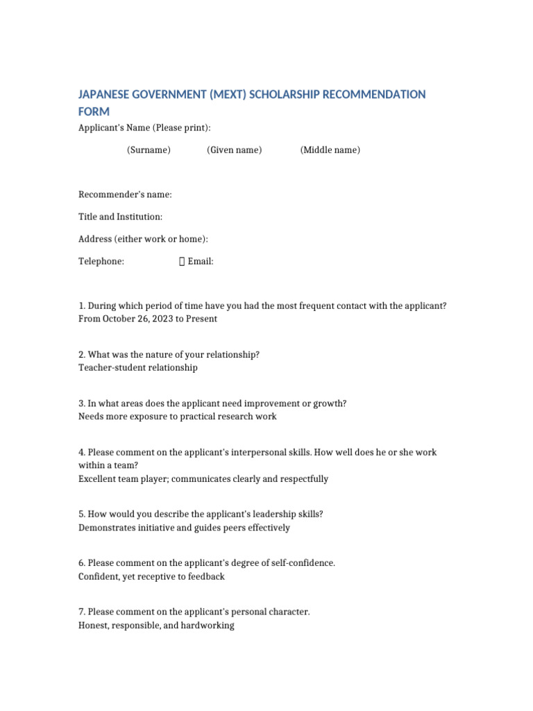 MEXT Scholarship Recommendation Form | PDF