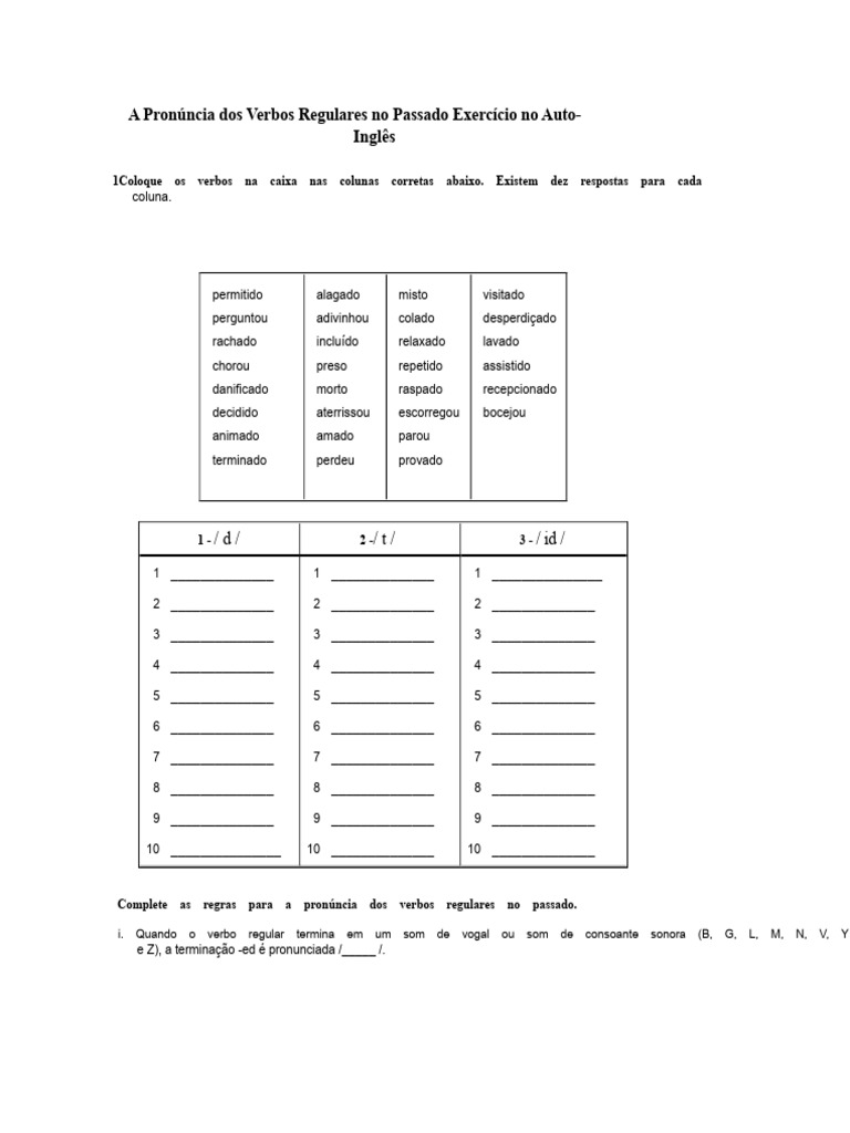 Pronúncia de Verbos Regulares no Passado | PDF | Famílias linguísticas ...