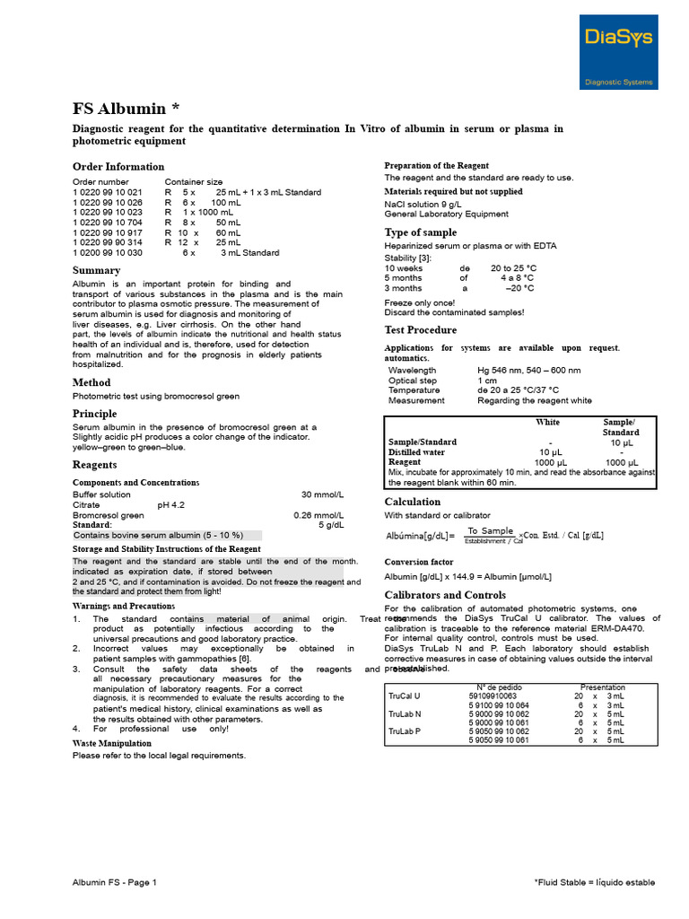 DiaSys Biochemistry Insert | PDF | Blood Plasma | Ph