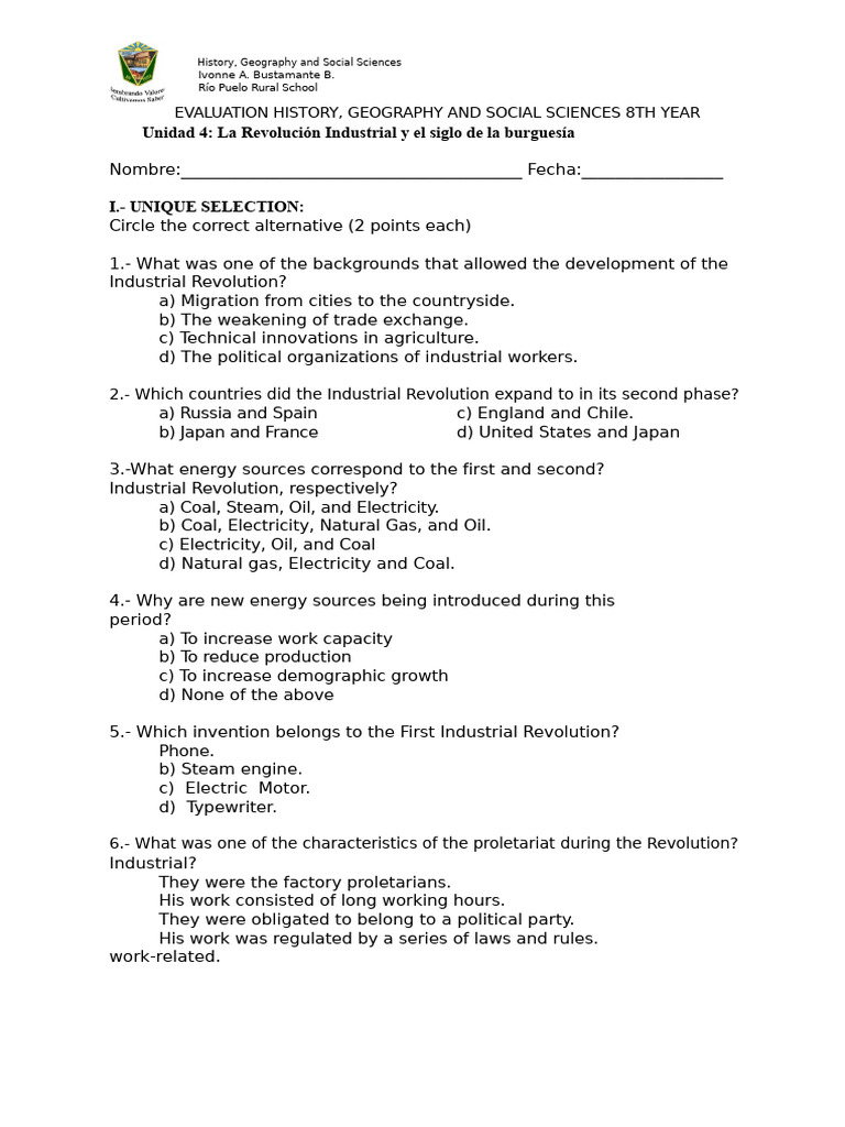 Industrial Revolution Evaluation Guide | PDF | Industrial Revolution ...