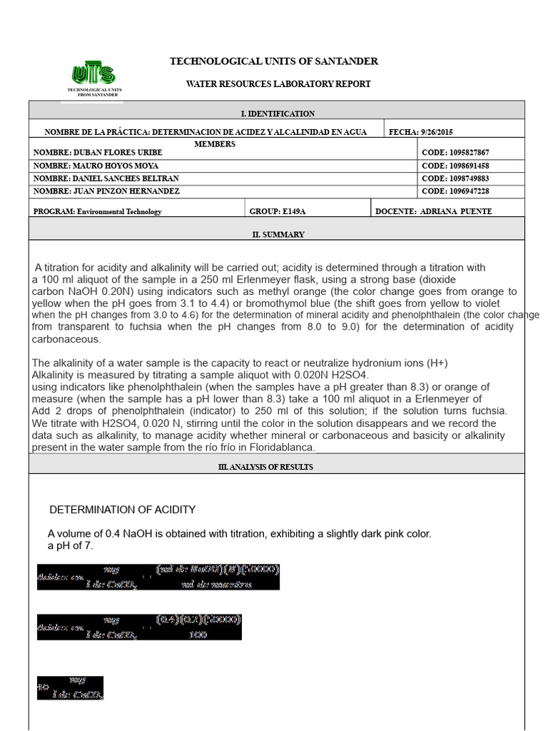 Report On The Determination of Acidity and Alkalinity | PDF | Alkalinity | Titration