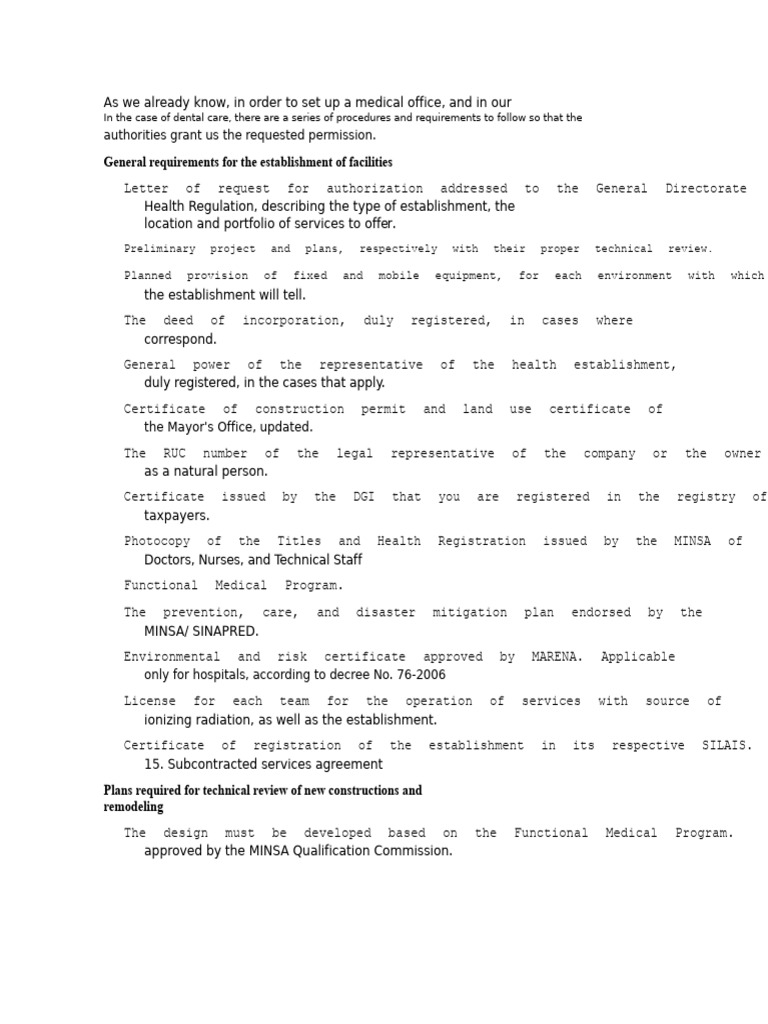 Necessary Procedures Before The National Authority (MINSA) To Set Up A ...