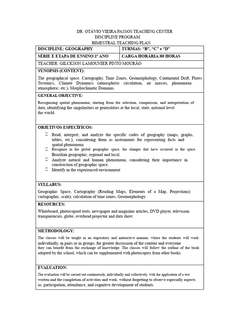Geography Teaching Plan for 1st Year | PDF | Geography | Cartography