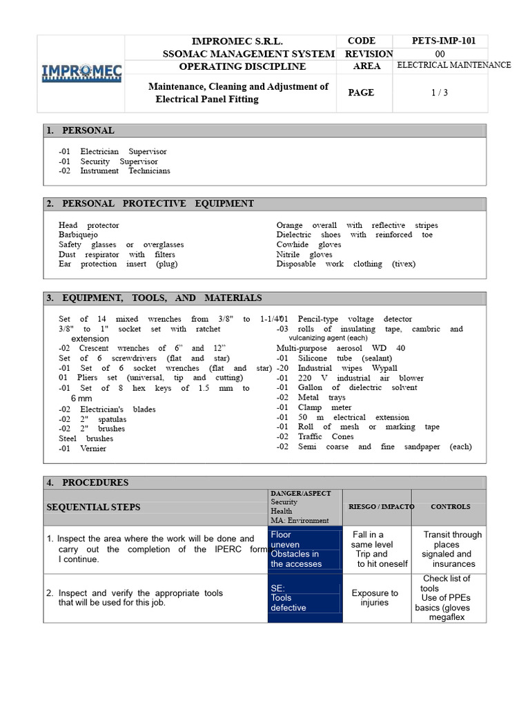 PETS-IMP-101 Maintenance, Cleaning, and Adjustment of Electrical Panel ...