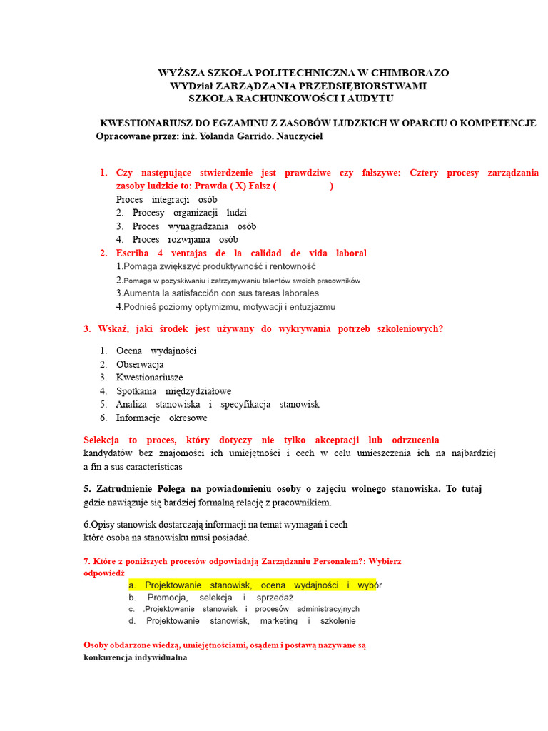 Kwestionariusz Rr.hh | PDF