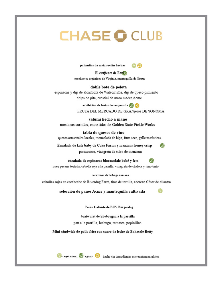 Menú de Muestra Del Club Chase | PDF | ensalada | Pancho