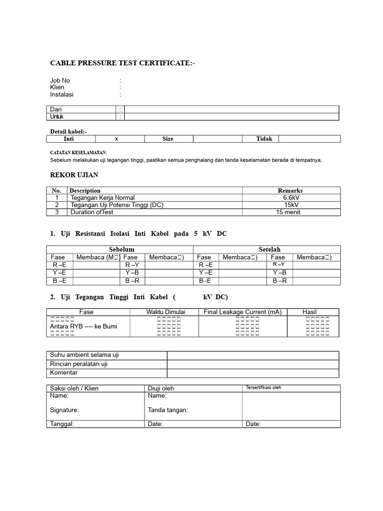 Uji Tekanan Kabel Sebelum & Sesudah | PDF