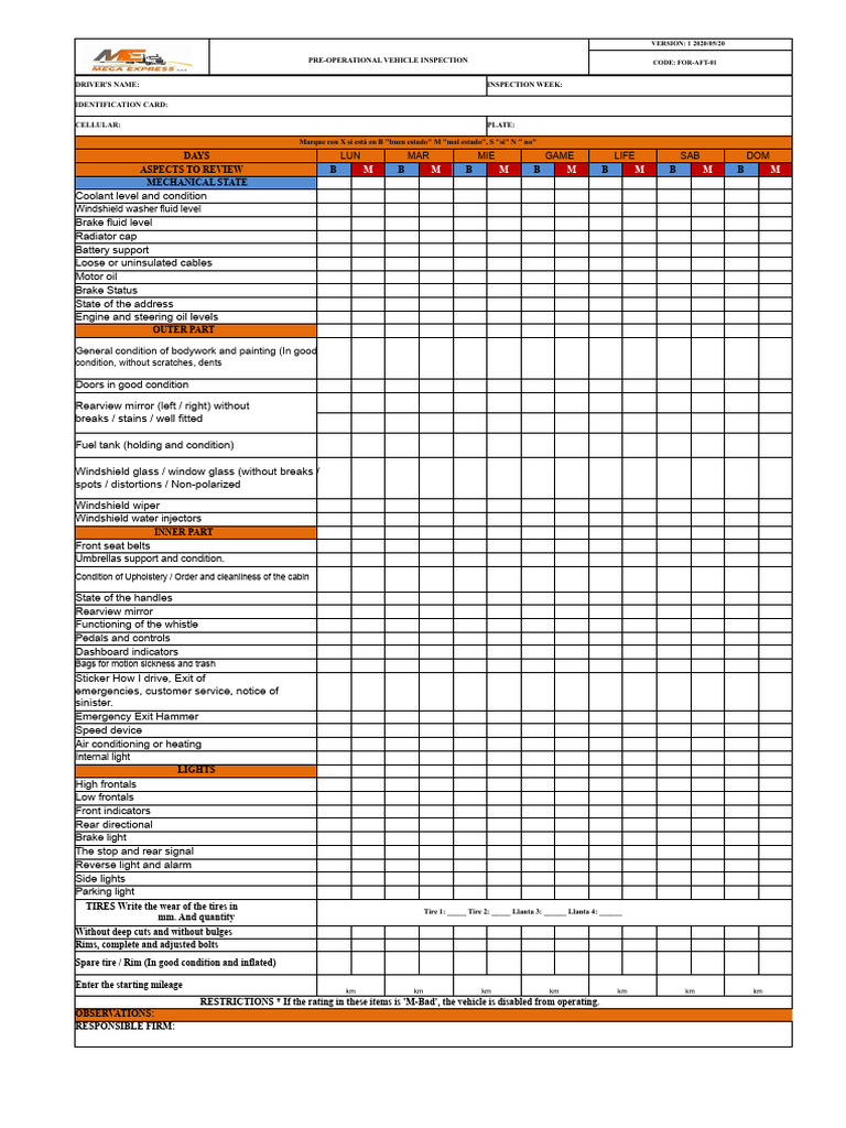 For-Aft-01 Pre-Operational Inspection of Vehicle | PDF | Vehicles ...